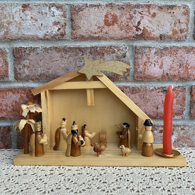 VTG Erzgebirge German Wood Christmas Nativity Creche Holy Family Manger ...