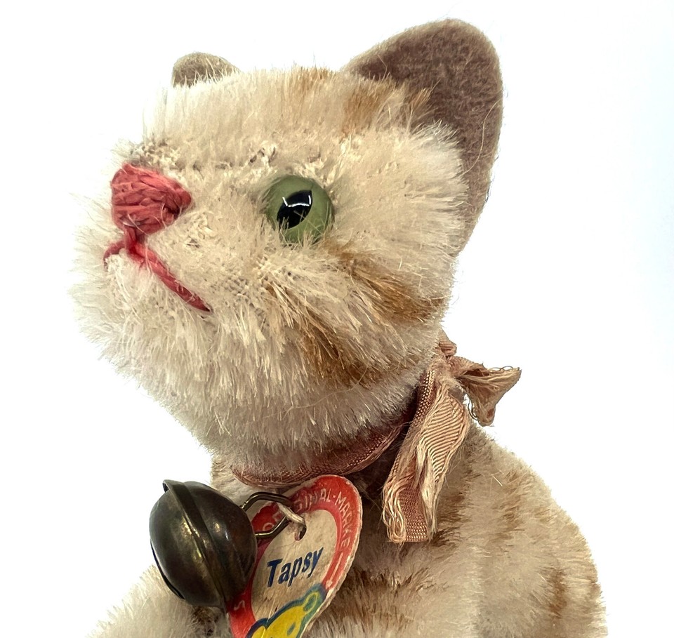 Steiff Tapsy Tabby Cat 1960s ID Chest Tag 8cm 3in Mohair Jingle Bell ...