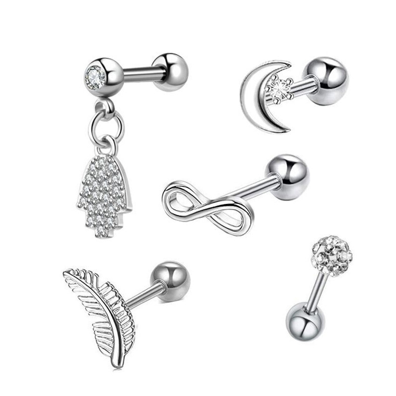 5Pcs Stainless Steel Thin Rod Piercing Stud Earrings Zircon Ear Bone ...