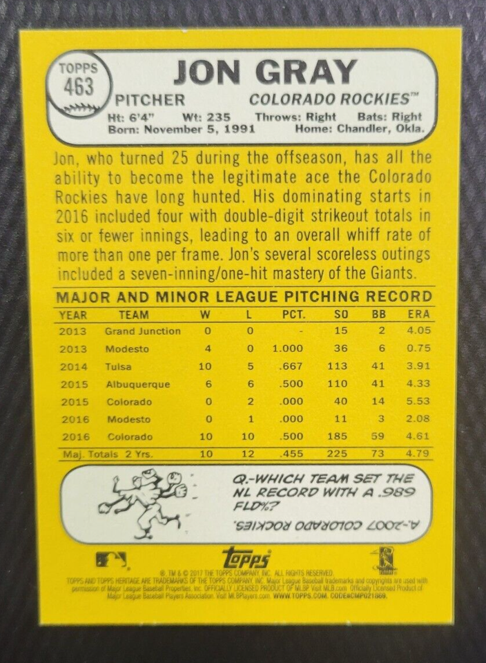 2017 Topps Heritage JON GRAY Colorado Rockies Baseball MLB Pitching ...