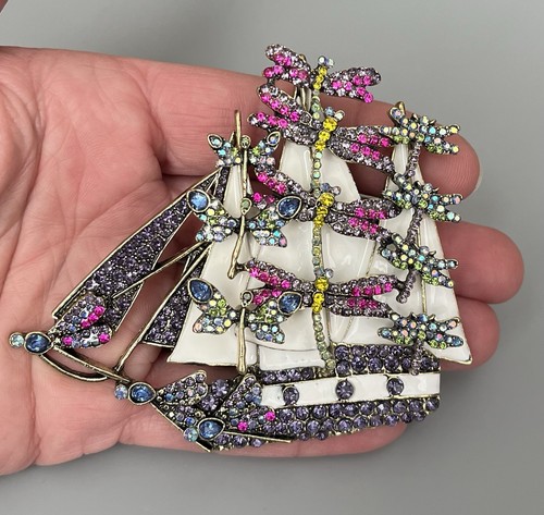 Large 3.5” Nautical Sailboat Brooch-Pendant Dragonflies Purple-Pink ...