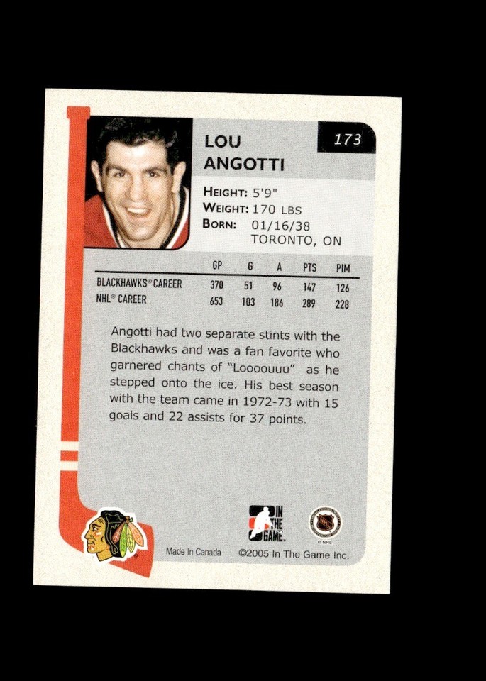Lou Angotti 2004-05 In the Game Black Hawks authentic autographed card ...