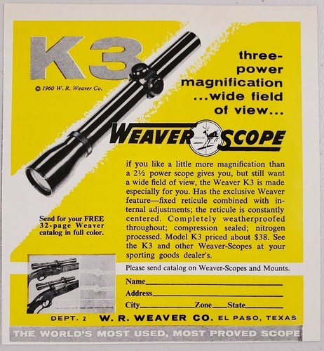 1960 Print Ad Weaver K3 Rifle Scopes 3-Power Made in El Paso,Texas | eBay