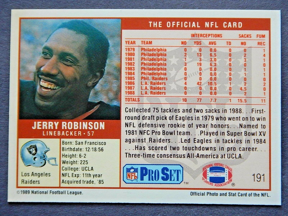 Jerry Robinson #191 Pro Set 1989 Football Card (Los Angeles Raiders) | eBay