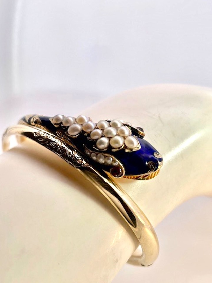 14K Cobalt Blue Enamel Snake Bracelet with Pearls | eBay