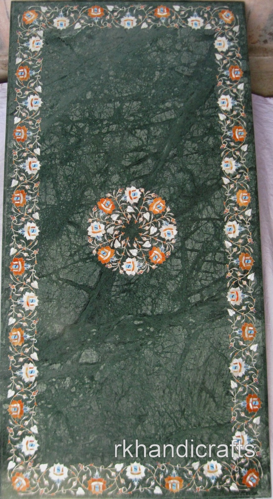 30 x 60" Dining Table Top Inlaid with Floral Pattern Green Marble ...