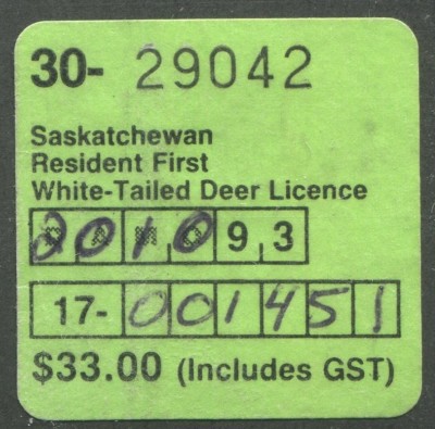 CANADA REVENUE SASKATCHEWAN HUNTING LICENCE 1993 WHITE-TAILED DEER | eBay