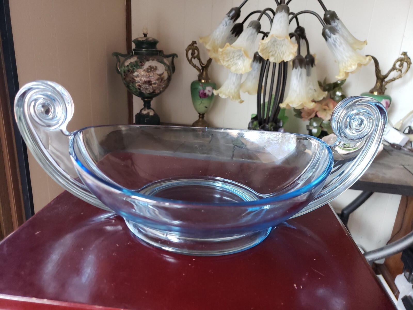 14" Console Centerpiece Bowl Azure Blue glass FOSTORIA Scroll handles ...