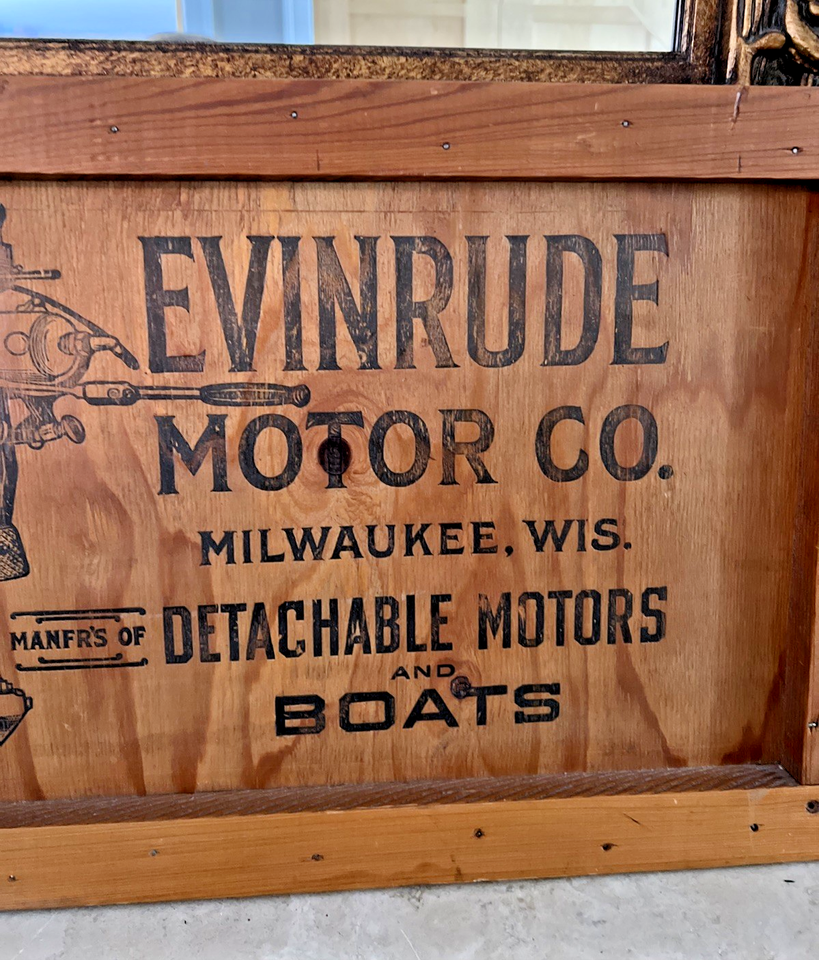 ATQ. 1940's WOOD EVINRUDE BOAT MOTOR CRATE TOP FRAMED CHICAGO MILL ...