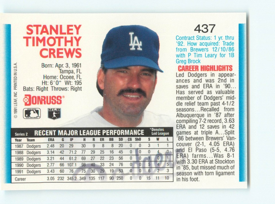 1992 Donruss #437 Tim Crews Los Angeles Dodgers | eBay