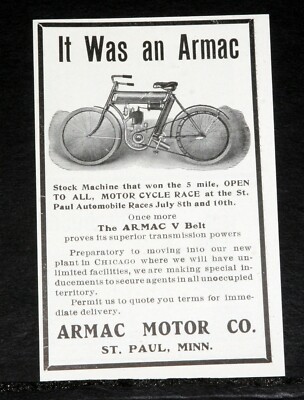 1905 OLD MAGAZINE PRINT AD, THE ARMAC MOTORCYCLE, WON ST. PAUL MOTOR ...
