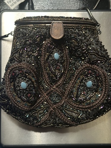 Vintage Lyrella Beaded Evening Bag Chain Strap Brown & Turquoise Art ...