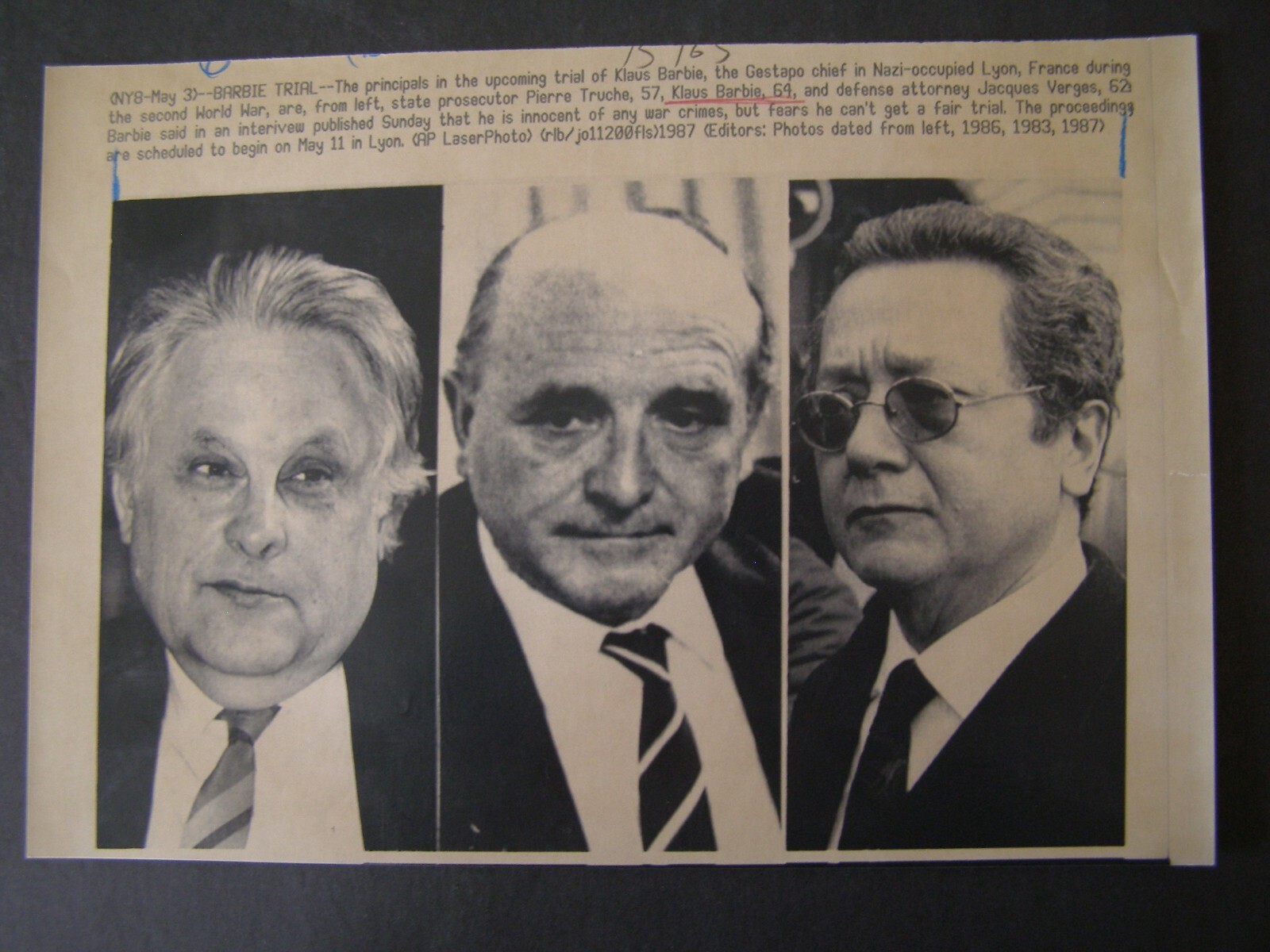 AP Wire Press Photo Trial of Klaus Barbie Gestapo Pierre Teuche Jacques ...