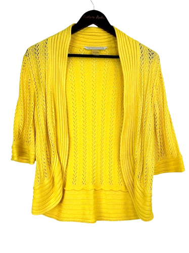Peter Nygard Women Sz L Yellow Open Front Cropped Sweater Cardigan Open ...