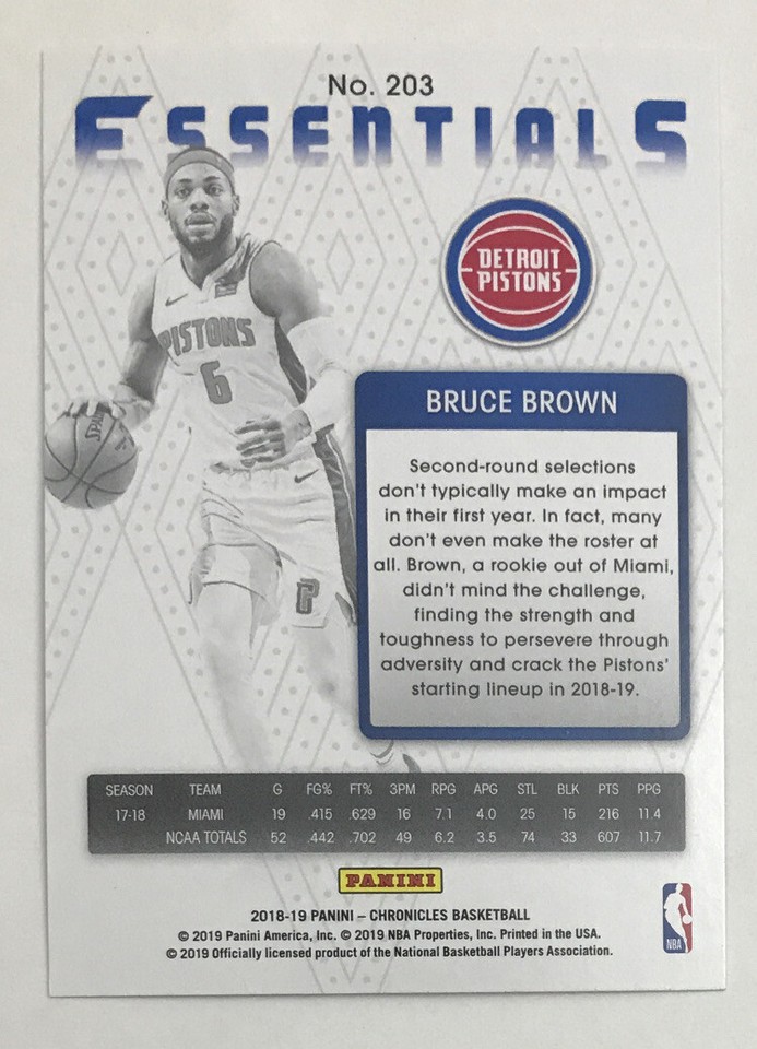 2018-19 Panini Chronicles Basketball Bruce Brown Pistons Essentials ...