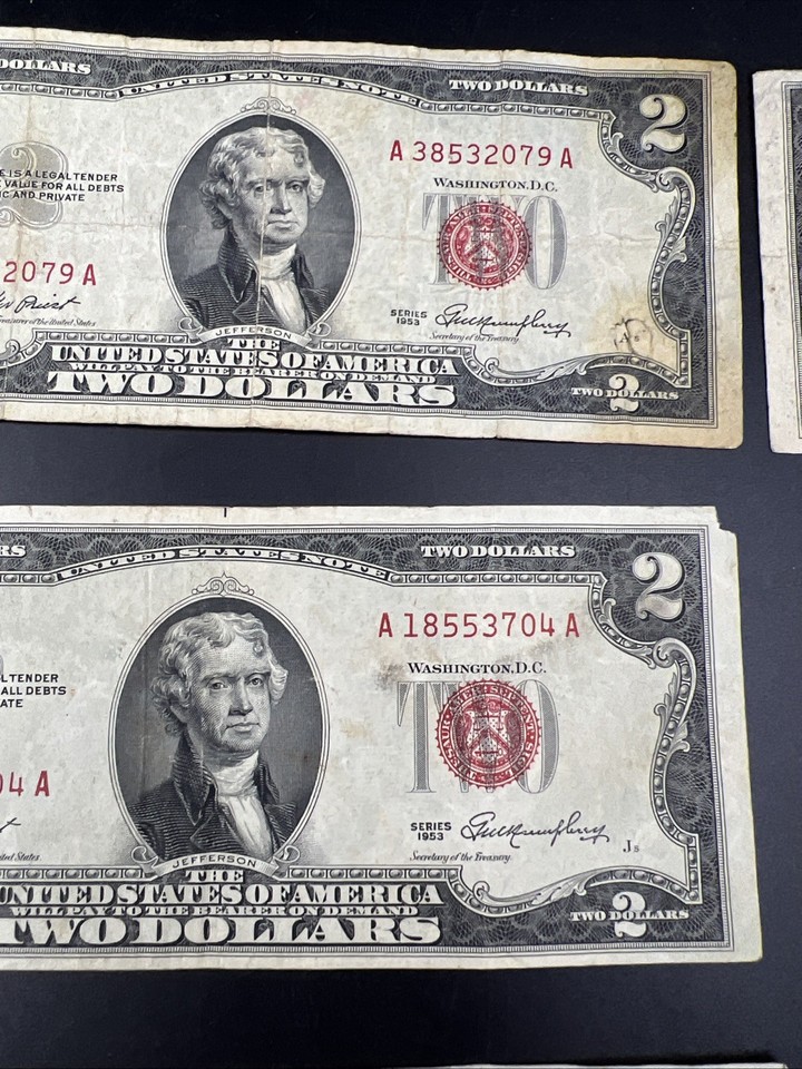 Lot 10 1963 & 1953 $2 Two Dollar Red Seal Bills Very Circulated ...