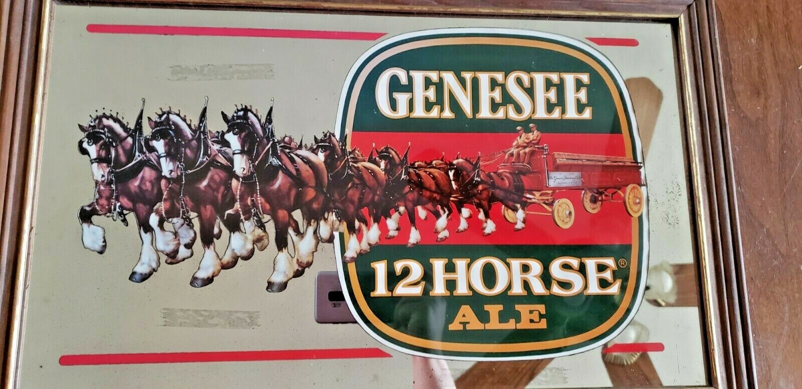 VINTAGE GENESEE 12 HORSE ALE MIRROR SIGN WITH WOODEN FRAME 22" X 14" X ...