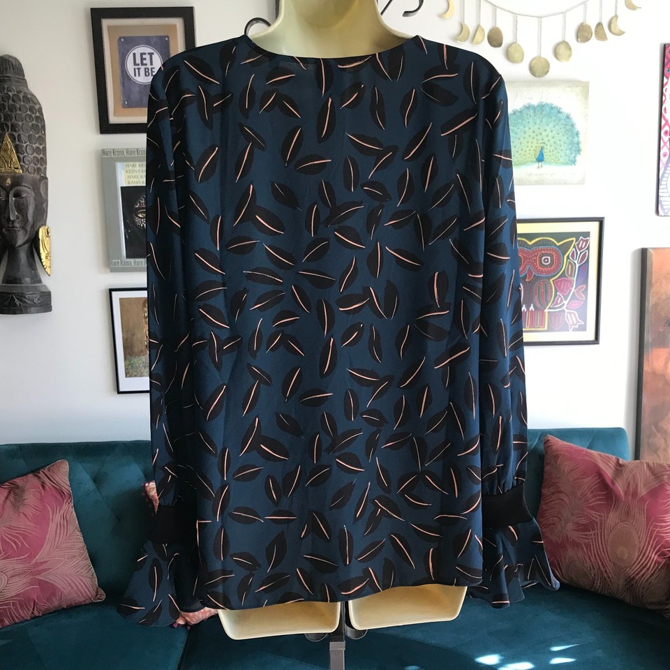 CAbi size S Teal Blue & Black Shadow Leaf Print Popover Blouse Top ...