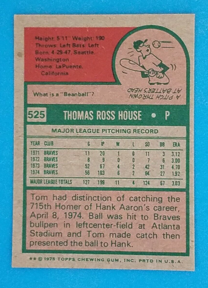 1975 TOPPS BASEBALL #525 TOM HOUSE BRAVES EX | eBay