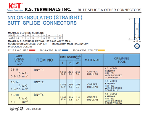 Pack 100pcs KST Nylon Insulated Butt Splice Connectors, Crimp Terminals ...