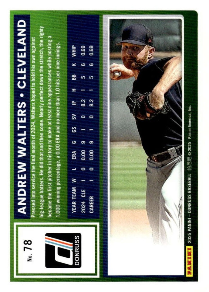 ANDREW WALTERS RC 2025 Donruss Base #78 ROOKIE MLB Guardians ID:139101 ...
