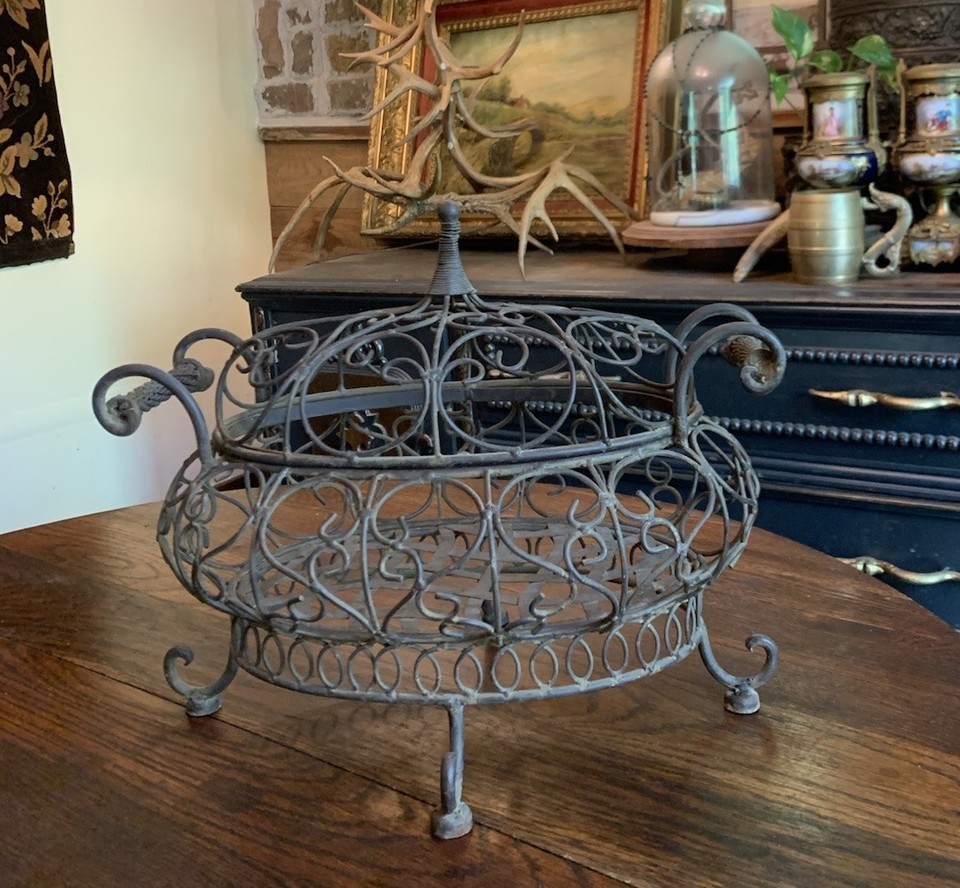 Vtg French Metal Filigree Wrought Iron Ornate Scroll Lid Basket Home Or ...