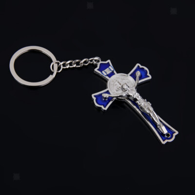 Blue Enamel Cross Crucifix Christ Holy Key Ring Catholic Souvenir Gift ...