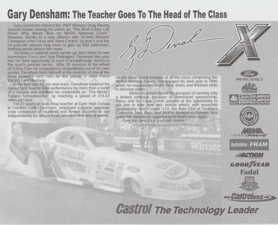2001 Gary Densham Castrol Ford Mustang Funny Car NHRA Hero Card | eBay