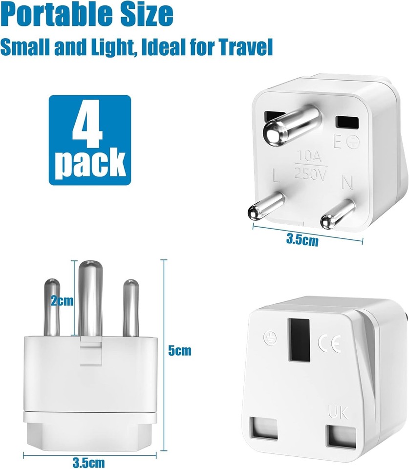 4 Pack 3 Pin UK to India Plug Adapter, India/Sri Lanka Travel White ...