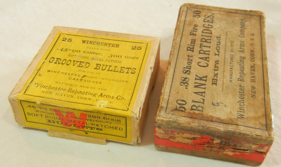 2 Vintage Winchester .45-90 & .38 Short RF Blanks ammo boxes empty ...