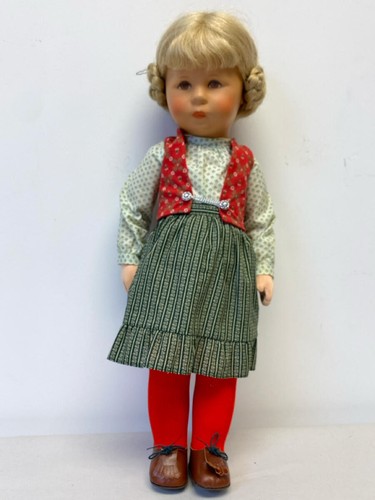 KATHE KRUSE 19" DOLL IN GREEN, WHITE PRINT BLOUSE SKIRT, RED VEST ...