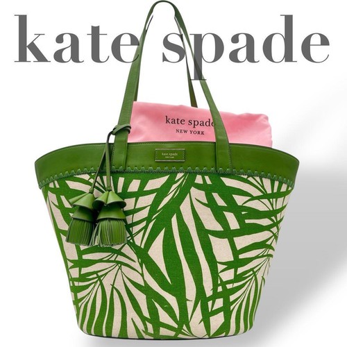 Kate Spade Pia Palm Canvas Tote Bag Green Ivory Authentic Designer ...
