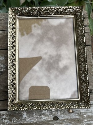 Vtg Gold Tone Metal Picture Frame Filigree Roses Shabby Rustic Baroque ...