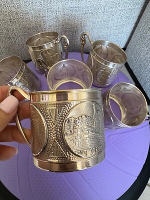 SET of 6 CHROME PLATED TEA GLASS HOLDERS Middle East Israel c1960s ...