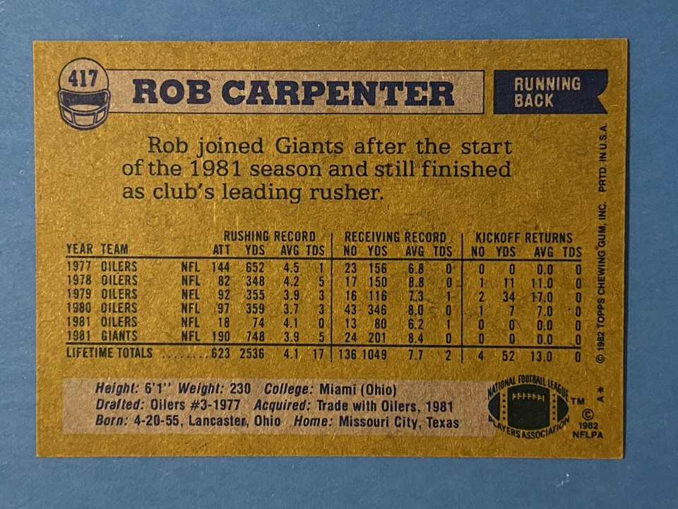 ROB CARPENTER Signed 1982 Topps #417 Oilers Giants Miami Redhawks ...