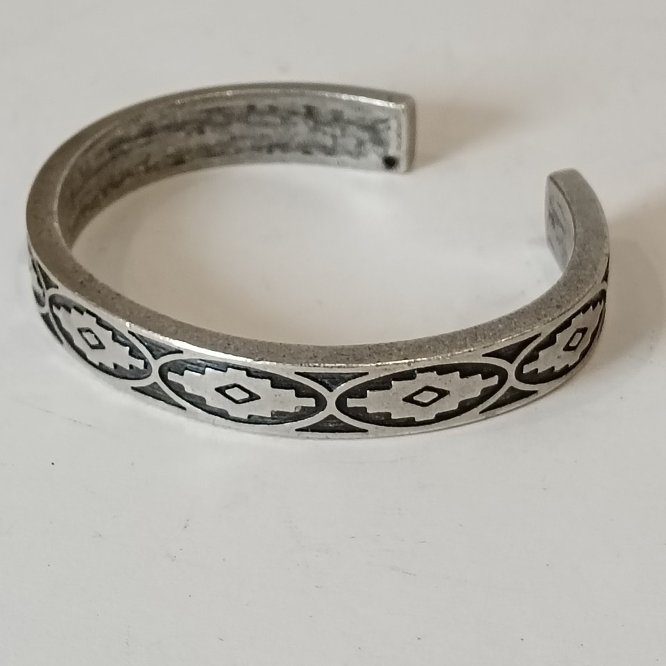Silver Tone Cuff Bracelet Engraved Pattern Ethnic Design Preloved | eBay