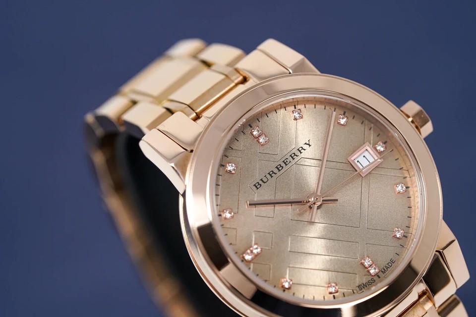 Burberry Ladies Watch Diamond Check Stamped Rose Gold PVD BU9126 | eBay