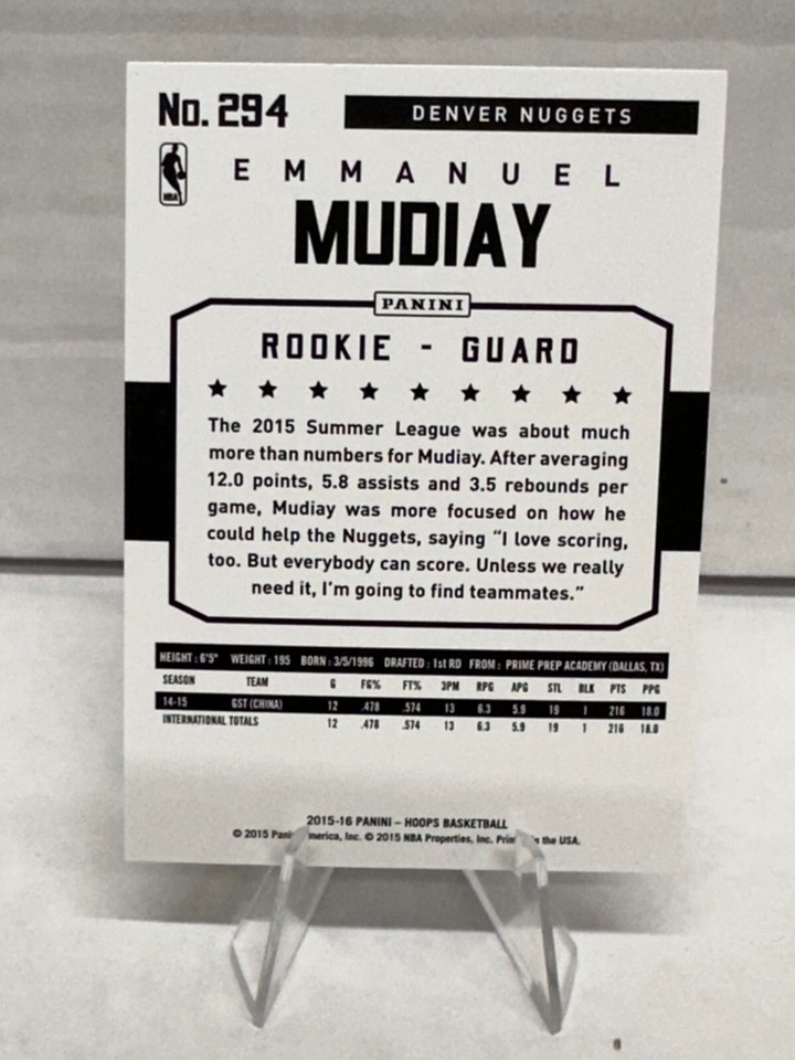 2015-16 Panini NBA Hoops Basketball Card #294 Emmanuel Mudiay RC Denver ...