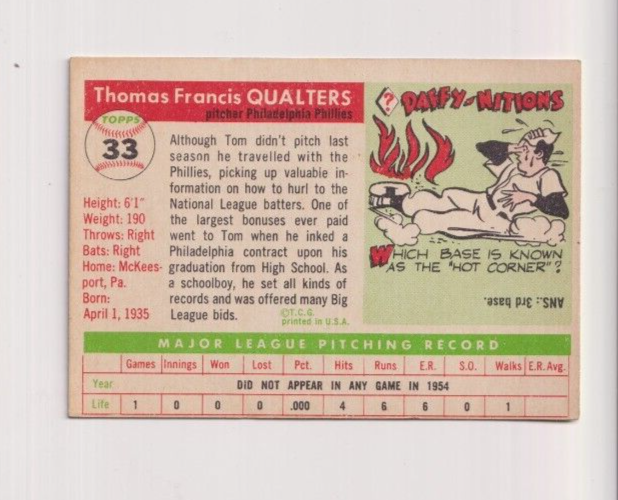 TOM QUALTERS 1955 TOPPS BASEBALL #33 PHILADELPHIA PHILLIES VINTAGE ...