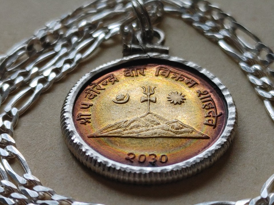 Sunrise & Sickle Moon Himalayan Mountain Nepal coin pendant & Italian ...