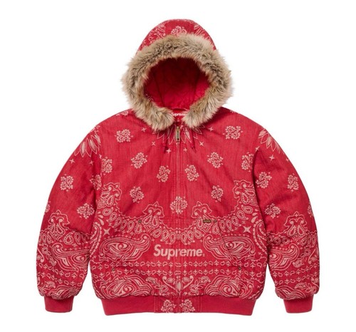 Size Large - Supreme Bandana Jacquard Denim Hooded Work Jacket Fur Red ...