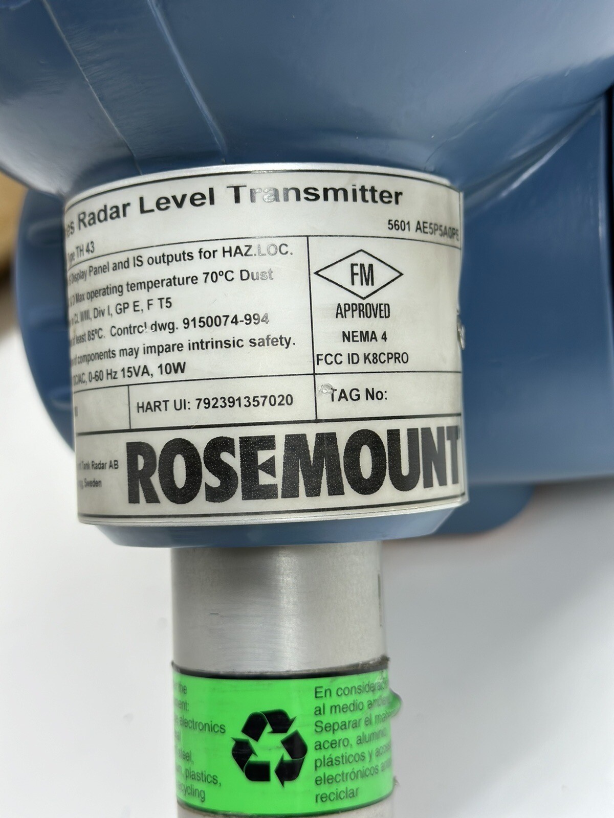 ROSEMOUNT TH 43 SERIES 5600 RADAR LEVEL TRANSMITTER S/N:2006105188 2210 ...