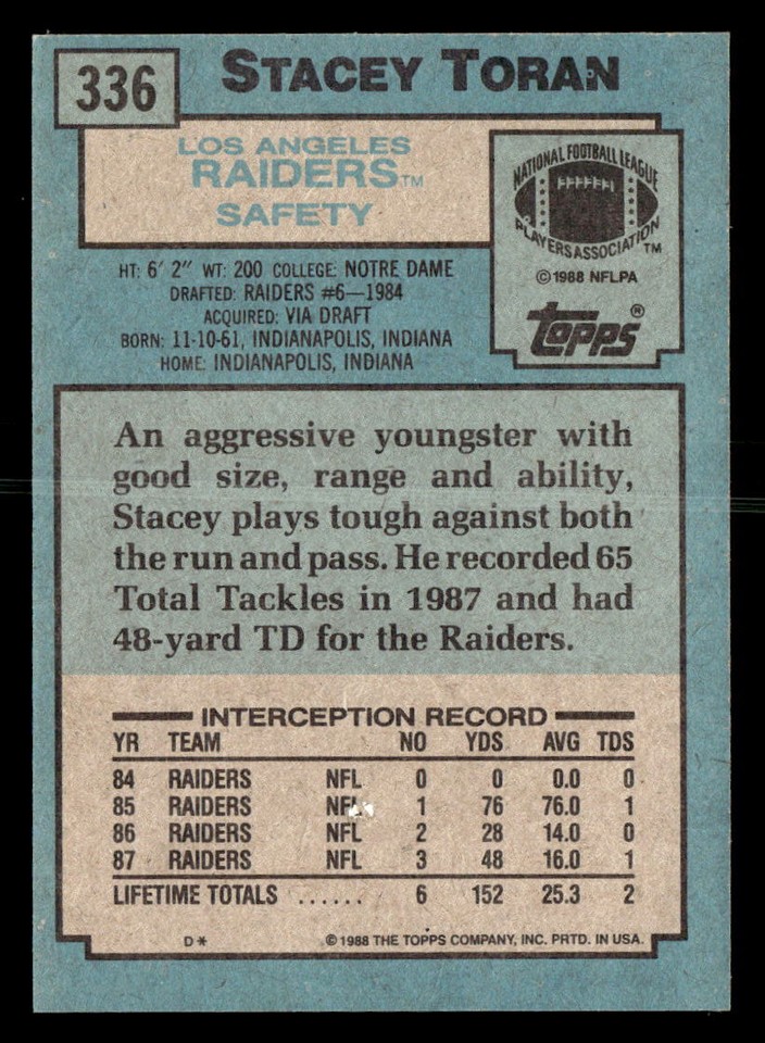 Stacey Toran 1988 Topps Rookie Card #336 Los Angeles Raiders | eBay