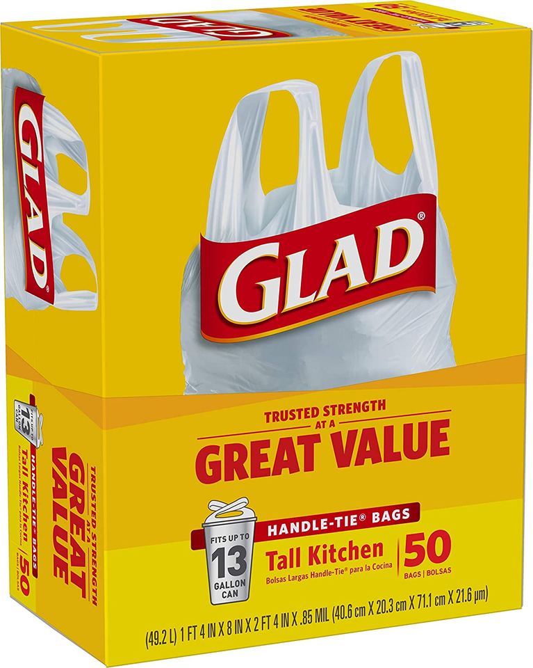 Glad Tall Kitchen Handle-Tie Trash Bags, 13 Gallon White Trash Bag, 50 ...
