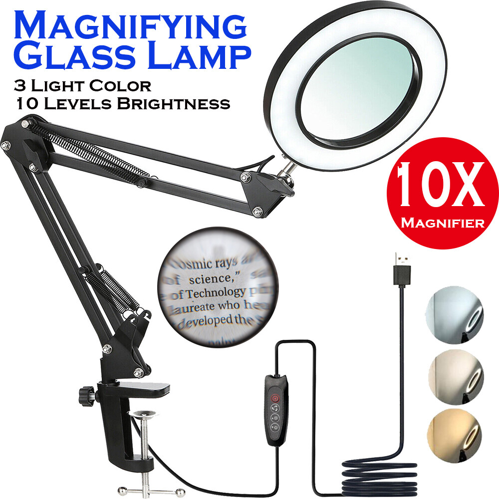 Glass 10X 64 LED Light Magnifying Glass Desk Foldable Lamp Magnifier ...