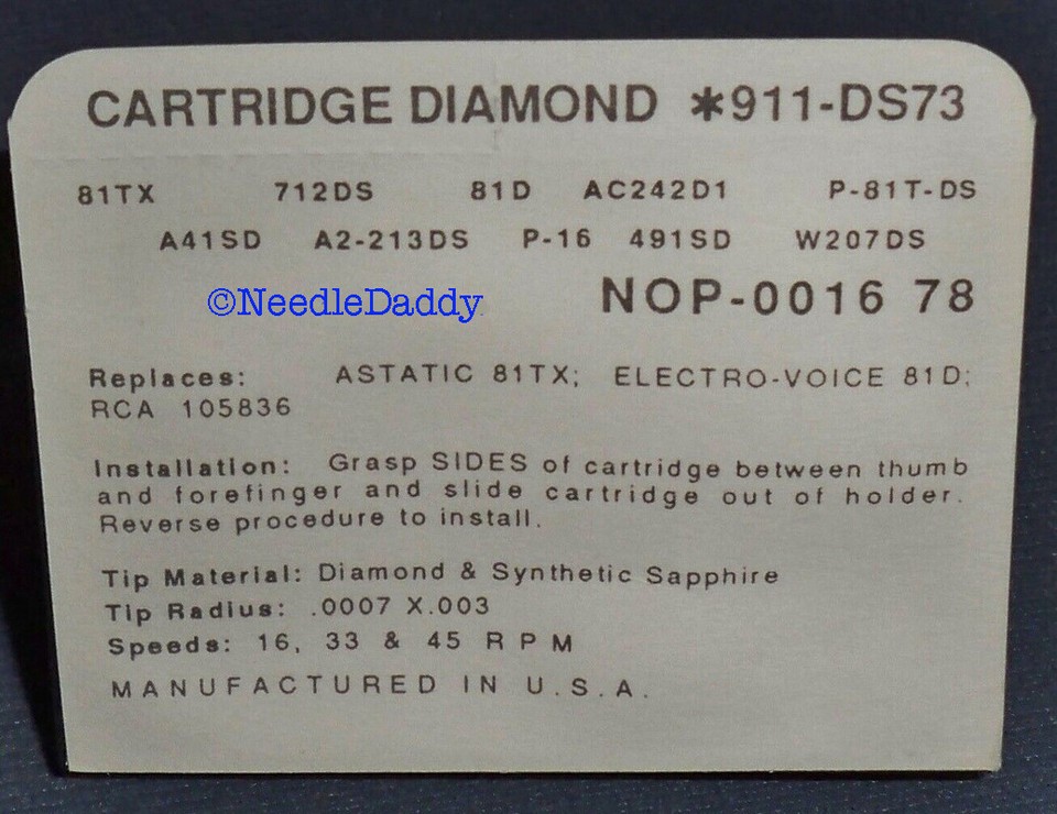 911-DS73 CARTRIDGE NEEDLE for Astatic 81TX 81t 89T 89D for Califone ...