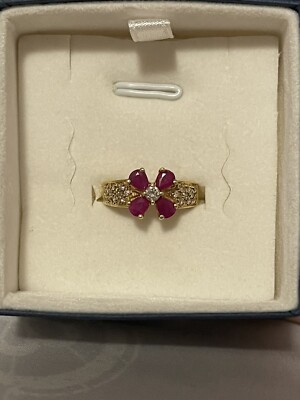 Preloved K18 YG Diamond Ruby Flower Ring - D0.23ct/R1.50ct Size 5.75US ...