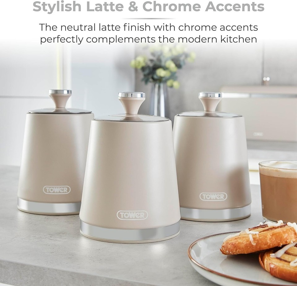 Tower Cavaletto Kettle 4 Slice Toaster Bread Bin Canisters Set in Latte ...