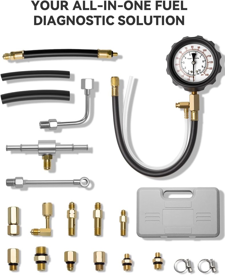 Fuel Pressure Tester Kit 0-140PSI with Adapters for Cars, Trucks, ATVs ...