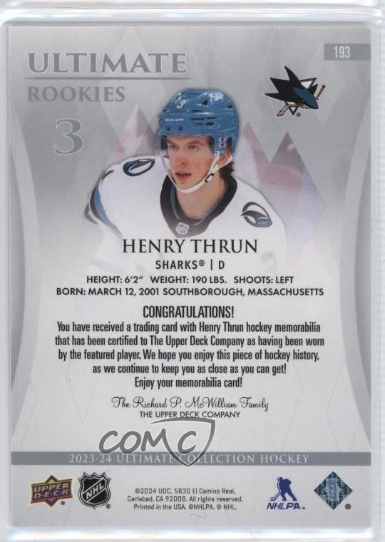 2023-24 Upper Deck Ultimate Collection Rookies Jersey /599 Henry Thrun ...